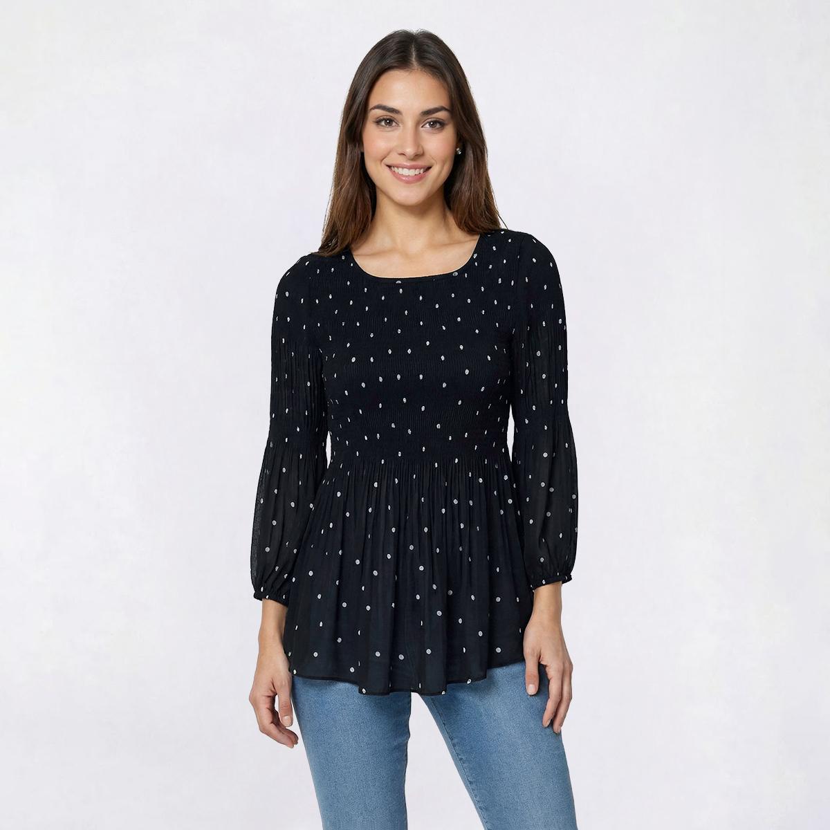 Click here for Petite Floral & Ivy 3/4 Sleeve Round Neck Dot Plea... prices